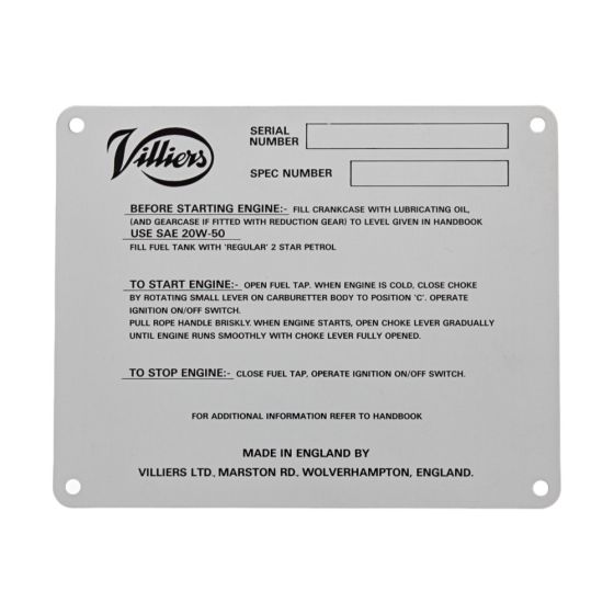 Identification Name Plate for Villiers C30 Engines (125mm x 100mm) | L&S